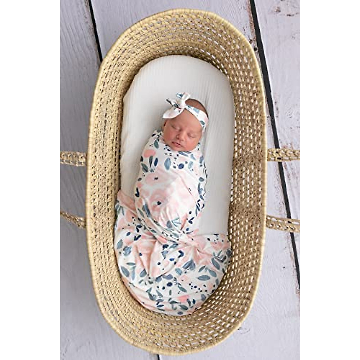 Vollmic Newborn Baby Girl Receiving Blanket Swaddle Blanket Stretchy Knit Swaddle Set with Matching Headband (Ink Pink)