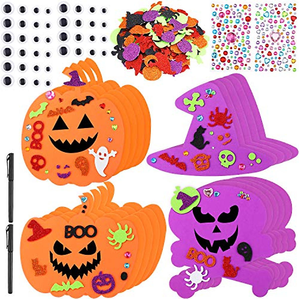 Outus 20 Big and 200 Small Kits 7.8 Inch Big Foam Halloween Decorations DIY Pumpkin Craft Kits Assorted Foam Pumpkin Shapes with Rhinestone Stickers for Kids Halloween Decoration and Games