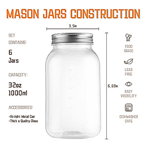 novelinks 32 OZ Clear Plastic Mason Jars with Lids - Dishwasher Safe Plastic Mason Jars 32 OZ Plastic Jars with Lids for Kitchen & Household Storage (6 Pack) (Silver)