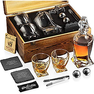 Mixology Glass & Whiskey Stones Set – two 10oz Glasses w/ 2 Stainless Steel Balls, Decanter & Wooden Box