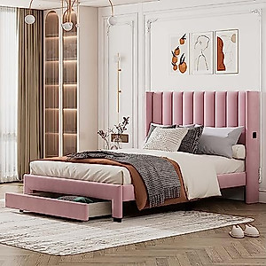 Queen Size Platform Bed Frame with Upholstered Headboard & Storage Drawer, Sturdy Wooden Slats Support / No Box Spring Required / Easy to Assembly for Bedroom Small Living Space Boys Girls Adults Room