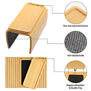 Bamboo Sofa Arm Tray Table - Couch Arm Tray with Extra Removable Tray, Anti-Slip Sofa Armrest Tray, Large Couch Cup Holder Tray for Phone, Cups, Remote, Flexible and Foldable