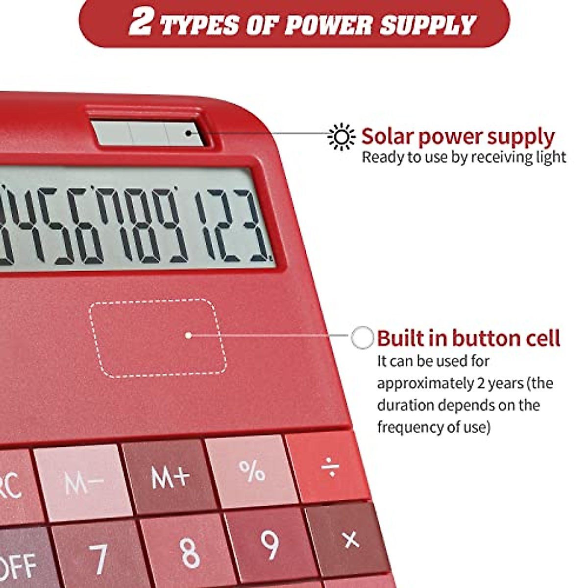 AOAILION Colorful Calculator Solar and Battery Dual Power with 12-Digit LCD Display and Big Button,Red Calculator for Women and Girls (Red)