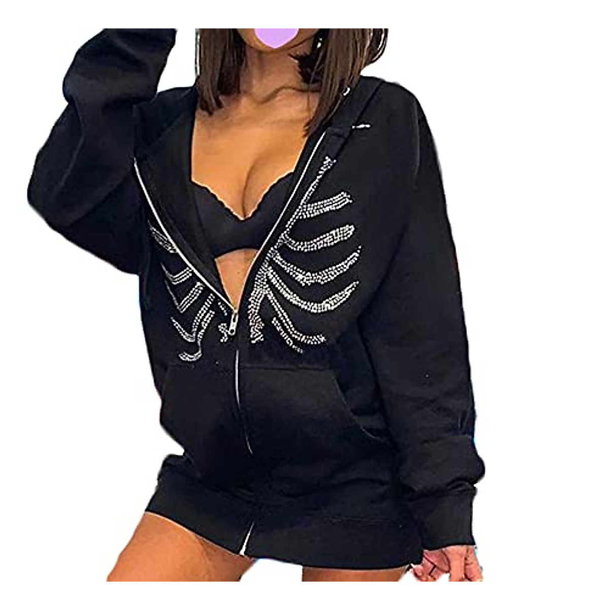 Women Y2K Long Sleeve Zip Up Hoodie Jacket Skull Vintage Casual Cardigan Sweatshirt with Pocket (Rhinestone Skeleton Black, S)