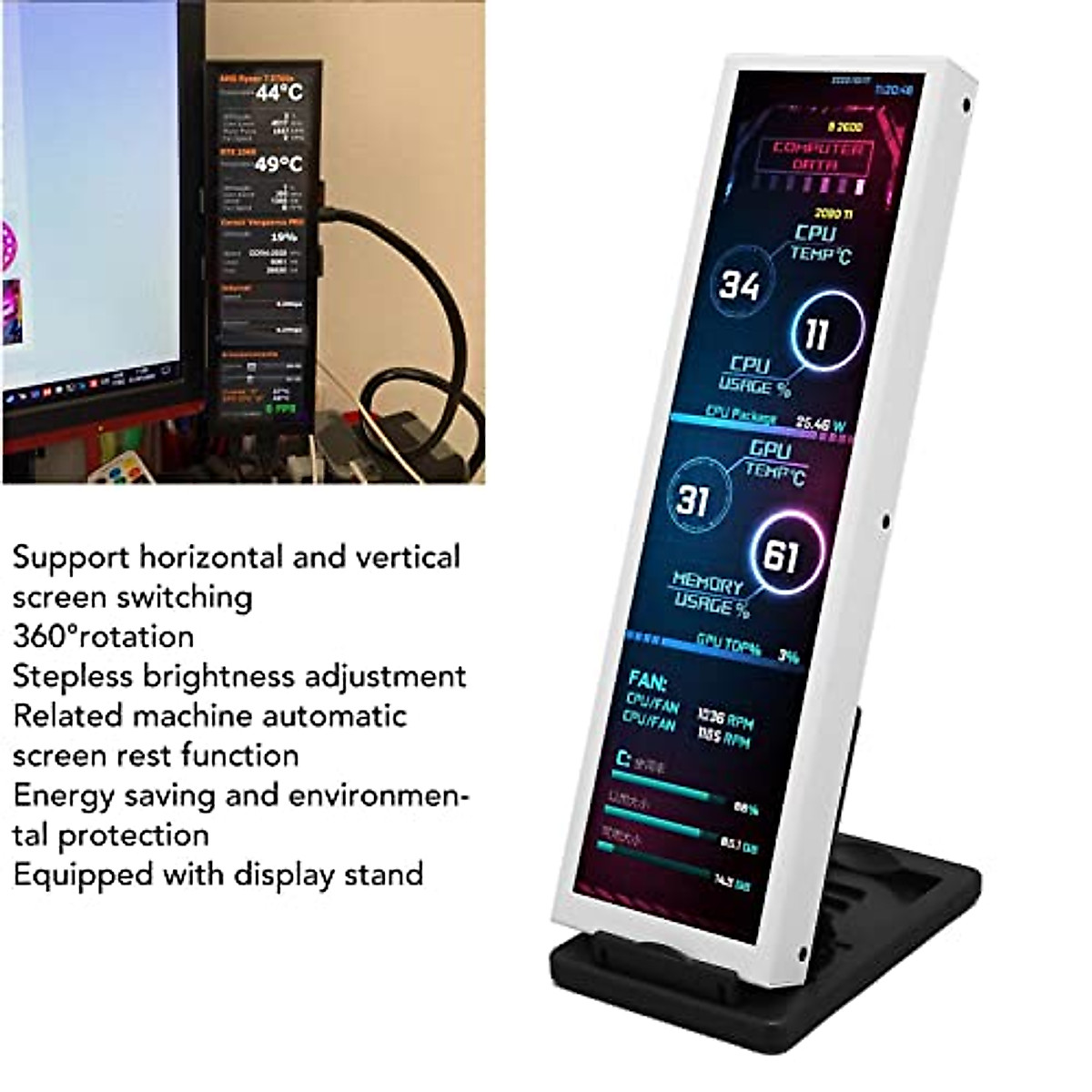 Computer Temp Monitor, 8.8in IPS 1920x480 60Hz PC Sensor Panel Display Multifunction for Desktop