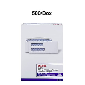 Staples 438614#8 5/8-Inch Check-Size Double Window Security-Tint Gummed Envelopes 500/Bx