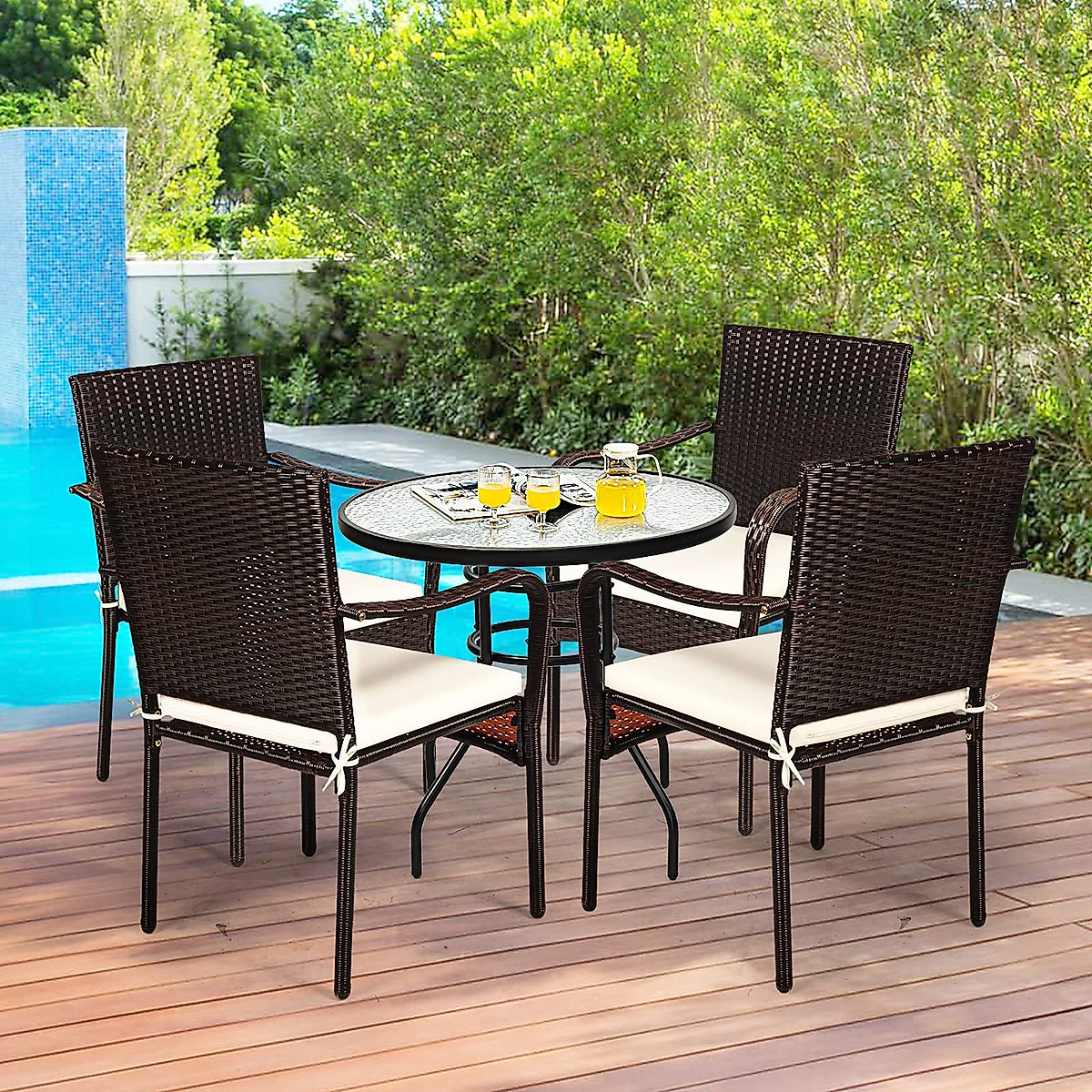 HAPPYGRILL 4 Pack Stackable Rattan Chairs Outdoor Patio Dining Chairs with Removable Cushions and Rustproof Steel Frame All-Weather PE Wicker Stacking Bistro Chairs for Balcony Garden Backyard