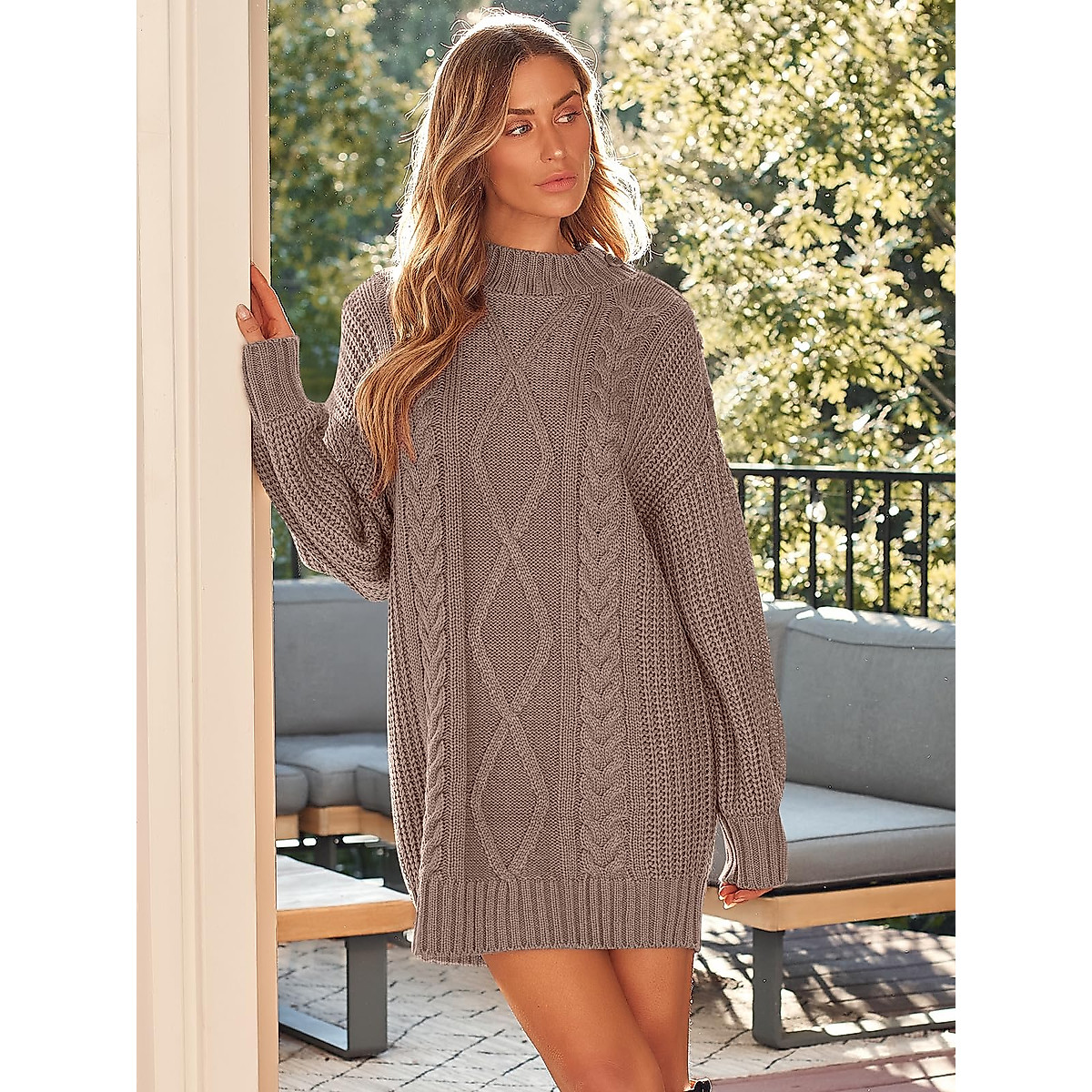 LILLUSORY Women's Crewneck Oversized Sweater Dress 2024 Fall Fashion Cable Knit Long Sleeve Dresses Chunky Pullover Tops Nutmeg XL