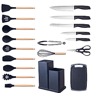 19 Pcs Kitchen Cooking Utensil & Knife Set/Wooden Handles, Heat Resistant Cookware with Staninless Steel Knives Cutting Board Storage Holder, Silicone Spatula Spoon Gadgets Set