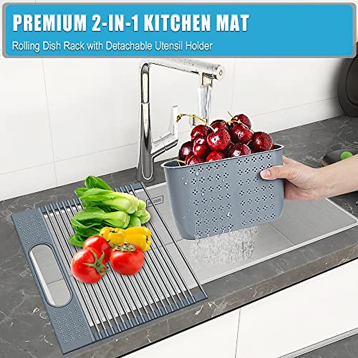 Roll Up Dish Drying Rack, Over the Sink Dish Drying Rack for Kitchen Counter Sink, Stainless Steel Sink Drying Rack with Utensil Holder, Multipurpose Foldable Kitchen Sink Rack Mat -Grey(17.3" x15.3")
