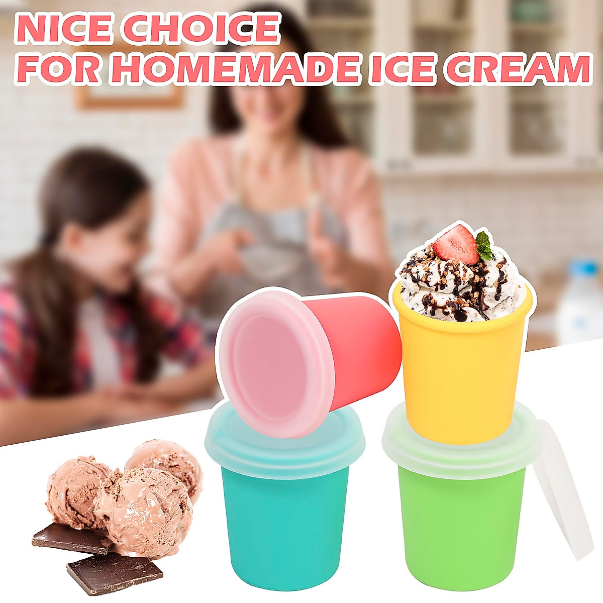 Koluti Nonstick Silicone Ice Cream Containers 6oz with Lids, 4-Pack Reusable Small Homemade Oats Yogurt Freezer Container, Leak-proof Mini Food Storage Serving Cups, BPA Free and Dishwasher Safe