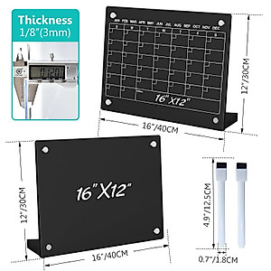 2PCS Black Acrylic Dry Erase Board with Stand for Desk, 16x12 Large Desktop Monthly Whiteboard Magnetic Fridge Calendar Memo Board, Daily Planner Blackboard Easel for Office, School
