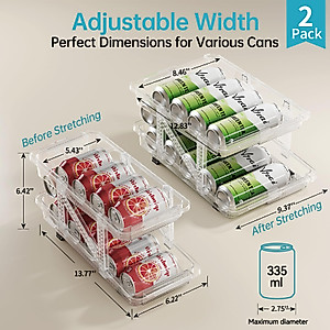 LAMU Soda Can Dispenser for Refrigerator, Set of 2 Adjustable Width Soda Can Organizer 2-Layer Beverage Pop Can Holder Drink Organizer for Fridge, Pantry, Cabinet, Countertop, Clear