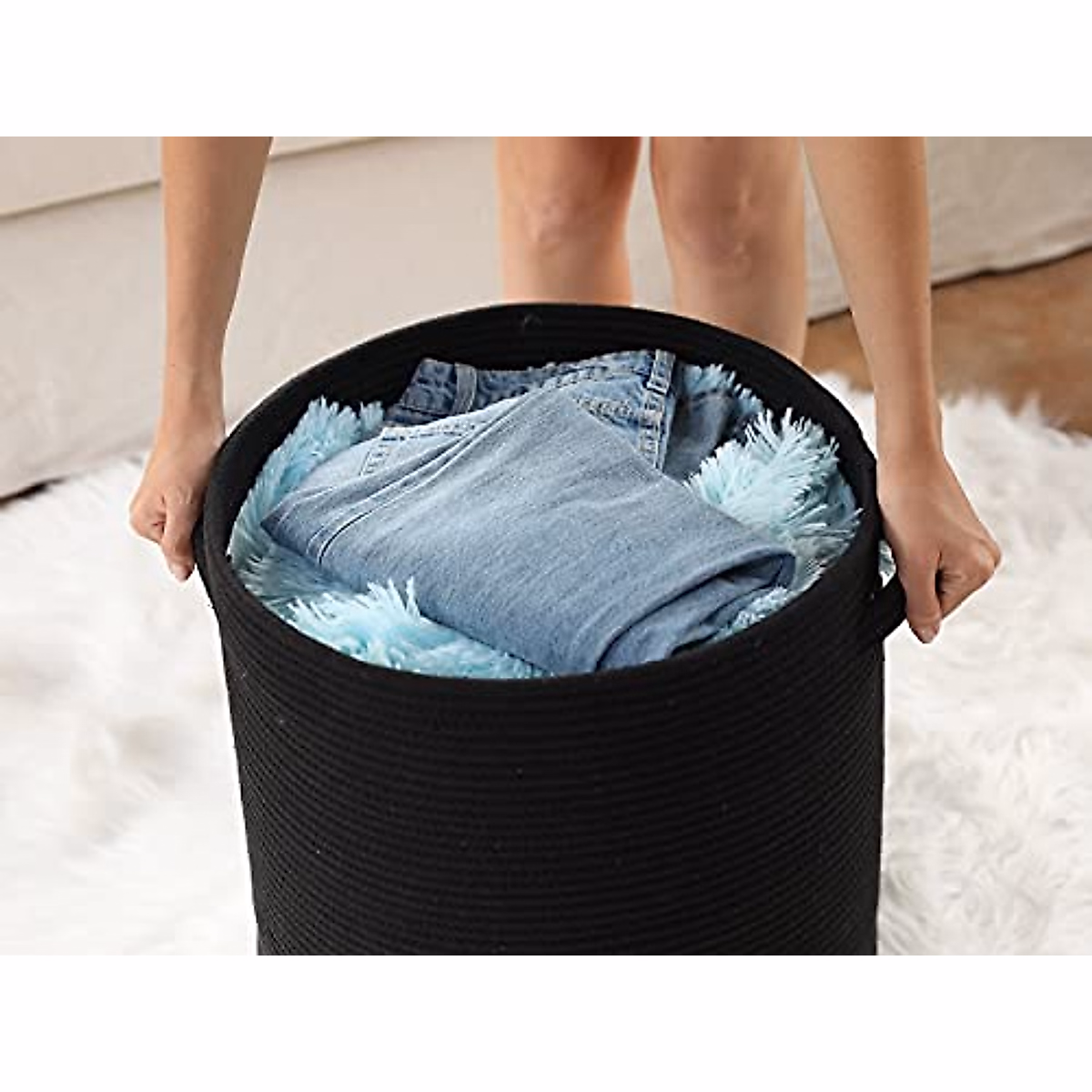 16" x 16" x 18" Extra Large Storage Basket with Lid, Cotton Rope Storage Baskets, Laundry Hamper, Cloth Bin, for Clothes Towels Blankets Pillows Storage in Living Room, All Black Basket with Cover