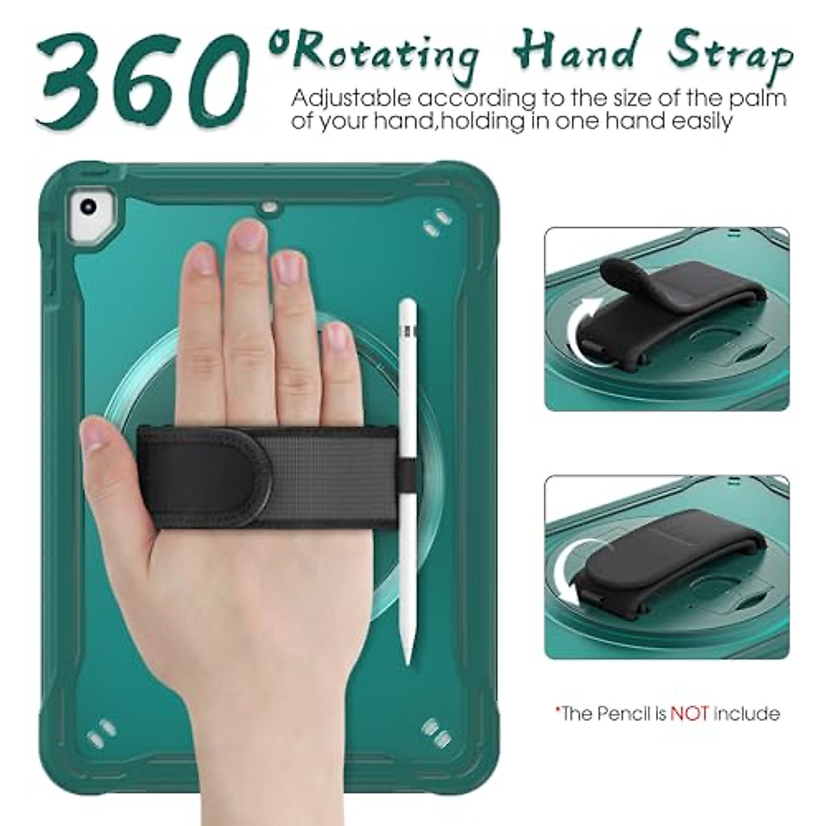 BRAECNstock for iPad Case 9.7 inch iPad 6th Gen 2018/5th Gen 2017/iPad Air 2/Pro,Shockproof Cover with Kickstand&Screen Protector,Kids Case with Pen Holder/360°Rotate Stand+Hand Strap-Midnight Green