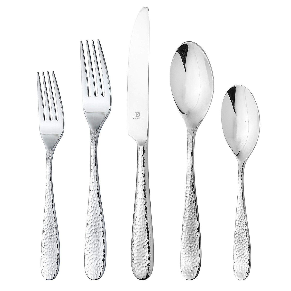 DANIALLI Modern Fidenza Hammered Silverware Set - 18/10 Stainless Steel Flatware Set for Elegant Dining - Dishwasher Safe Cutlery Set (20-Piece)