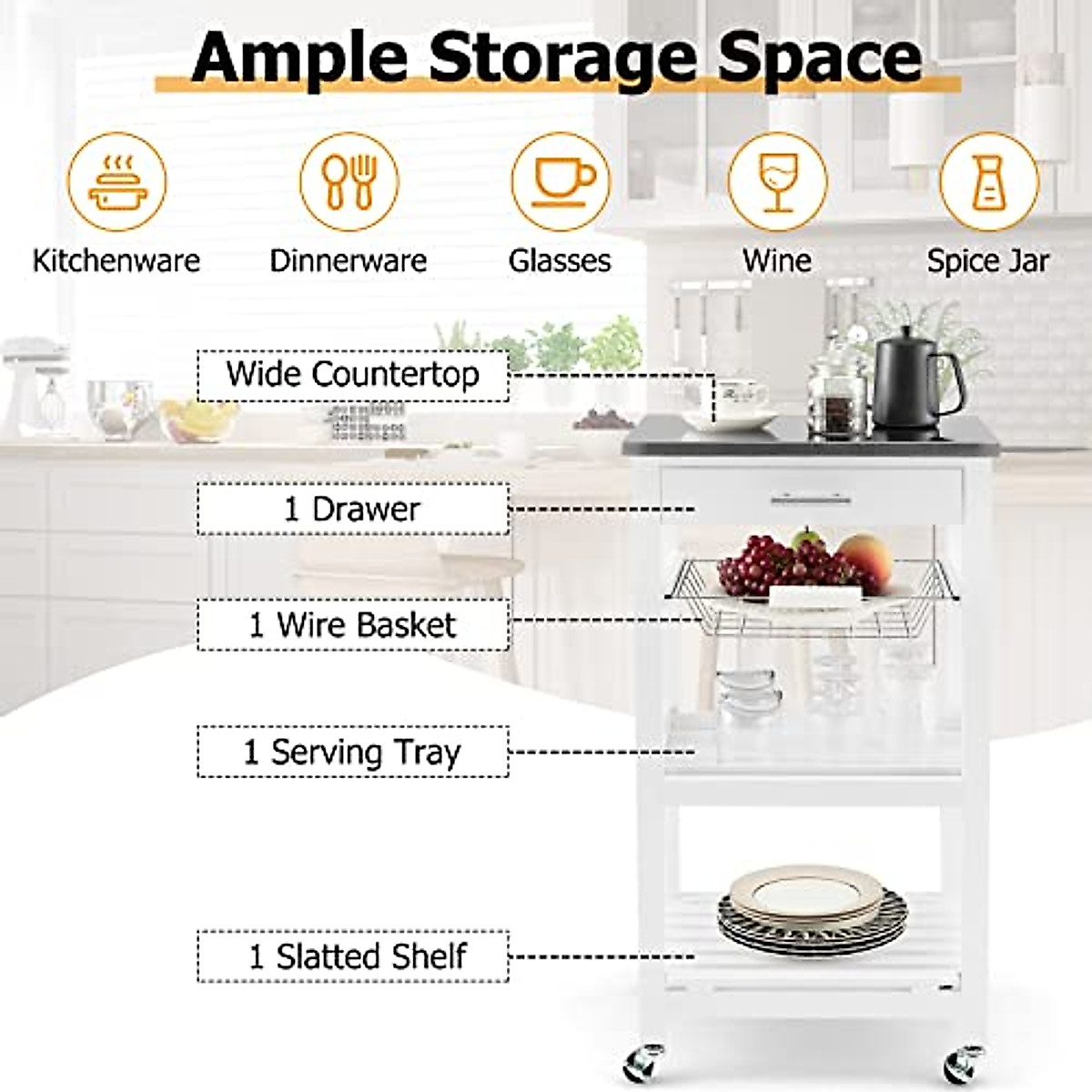 IFANNY Kitchen Island Cart, White Rolling Cart with Stainless Steel Table Top, Drawer, Metal Baskets & Wooden Tray, Wood Storage Cart on Wheels, Modern Serving Cart for Restaurant, Hotel