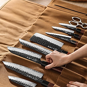 Chef Knife Roll Bag 16oz Oil Waxed Canvas with Cazy Horse Leather, 12 Slots & 2 Zipper Pockets, Portable Backpack Knife Case Storage, Detachable Adjustable Shoulder Strap Belt(Not Included Knives)