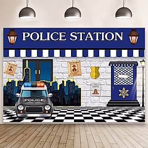 Police Station Backdrop Police Theme Large Police Booth Car Gray Brick Wall Photography Background Wanted White and Black Road Cool Boy Man Birthday Party Baby Shower Guy Room Wallpaper 7x5ft
