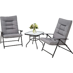 Patiomore 3 Pcs Patio Folding Bistro Set, Outdoor Metal Adjustable Recliner Furniture Set, 2 Foldable Padded Chairs and Coffee Bistro Table Set for Balcony, Backyard, Porch, Grey