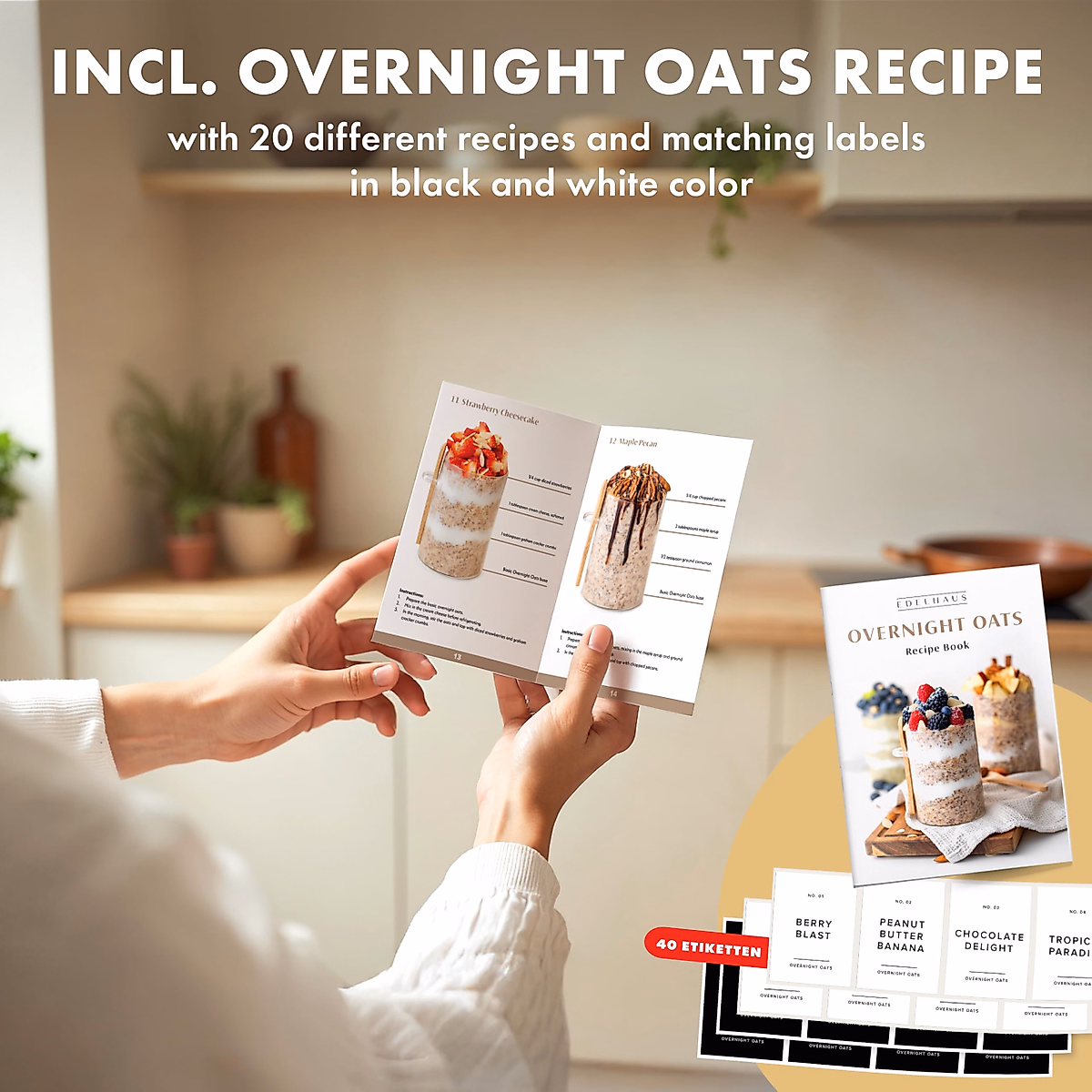 Overnight Oats Containers with Lids, Labels & Spoons (4 x 16oz) Glass Jars for Oatmeal, Meal Prep, Food Storage | Leak-Proof Mason Jars for Oats, Cereal, Yogurt, Chia Pudding [Thicker Glass 3mm]