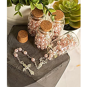 Baptism Favor (12PCS) Holy Communion Rosary in Glass Bottle Jar Recuerdos De Bautizo Quinceanera Pink Pearl Christening Recuerdos para Primera Comunion Niña Quinceanera Gift for Guests