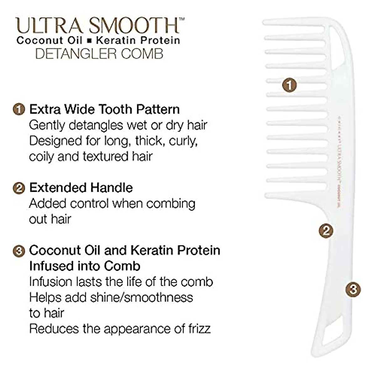 Cricket Ultra Smooth Coconut Detangler Comb – Infused with Coconut Oil & Keratin for Frizz-Free Shine, Ideal for Wet & Dry Hair, Extended Handle for Thick, Long, Curly Hair