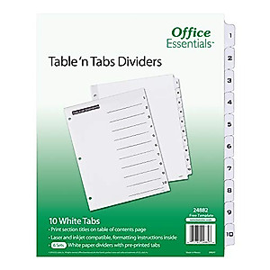 Office Essentials Table 'n Tabs Dividers, 8-1/2 x 11, 1-10 Tab, Black/White Tab, Laser/Inkjet, 6 Pk (24882)