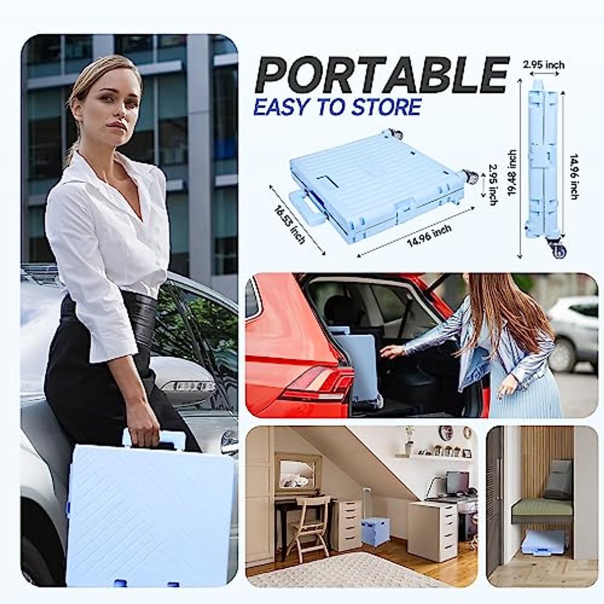 Honshine Foldable Cart with Stair Climbing Wheels, Collapsible Rolling Crate with Telescoping Handle, Handcart for Grocery Book File Tool Art Supplies(Blue)