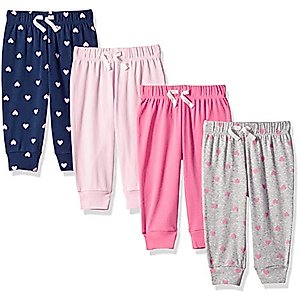 Amazon Essentials Baby Girls' Cotton Pull-On Pants, Pack of 4, Grey Hearts/Light Pink/Navy/Pink, 24 Months