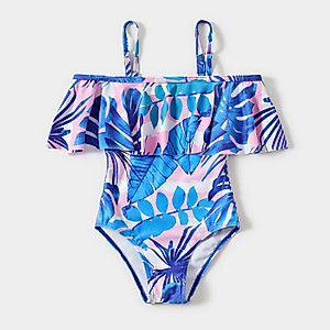 IFFEI Family Matching Swimsuits One Piece Off Shoulder Bathing Suits Floral Printed Ruffles Mommy and Me Swimwear Men: L