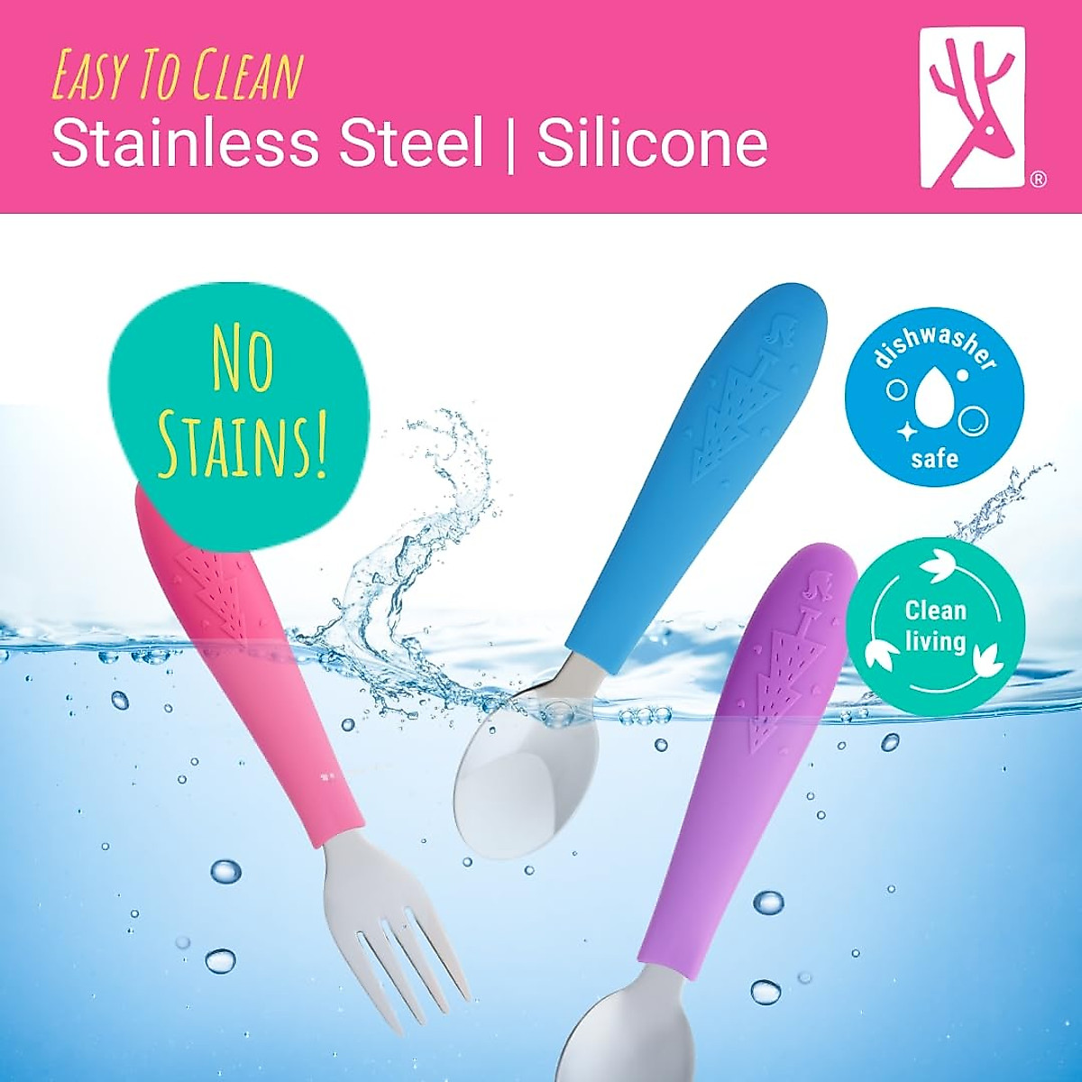 Elk and Friends Kids Silverware with Silicone Handle | Childrens Safe Flatware | Toddler Utensils | Baby Spoons + Forks | Stainless Steel Cutlery