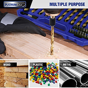 PLATINUMEDGE 46 Pieces Titanium Twist Drill Bit Set with Cr-V Bits, Hex Shank Drill Bit Set, 29 Pieces HSS Drill Bits from 1/16” to 1/2”, 1 Quick-Change Adapter, 16 Pieces Cr-V Bits, Quick Change