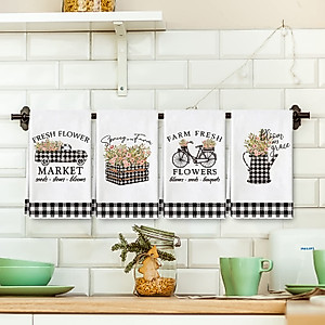 AnyDesign Spring Kitchen Towels Watercolor Farmhouse Floral Dish Towel Rustic White Black Buffalo Plaids Hand Drying Tea Towel for Cooking Baking Cleaning Wipes, Set of 4, 18 x 28 Inch