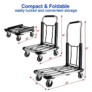 Foldable Platform Cart, Heavy Duty Aluminum Metal Hand Truck Folding Push Carts for Luggage Moving Transportation, 4 Rubber Wheels, 330LB Load Capacity, Come with Bungee Cord