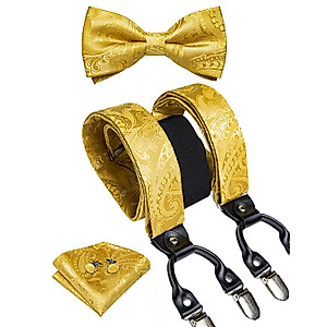 DiBanGu Gold Suspenders for Men Heavy Duty Yellow Suspenders and Bow Tie Set Adjustable Y-Back Mens Trouser Braces