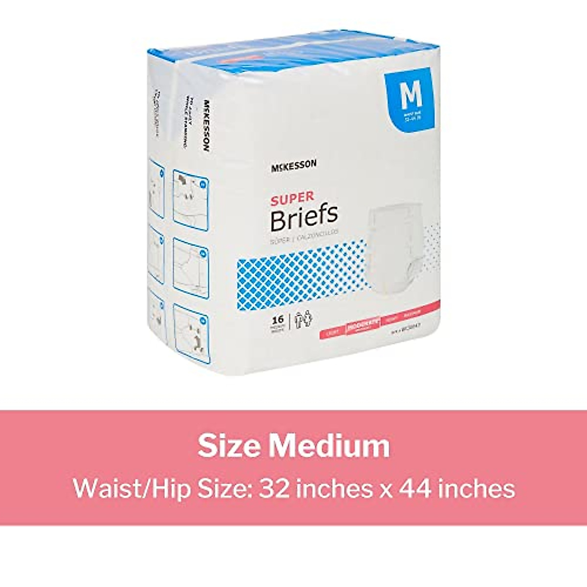 McKesson Super Briefs, Incontinence, Moderate Absorbency, Medium, 16 Count, 6 Packs, 96 Total