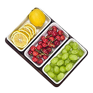 Creamic Snack Serving Tray 3 Pieces Long Strip Ceramic Bowls and A Brown Trays, Movable Moisture-Proof Food Bowls, Can Dress up Snacks, Fruits, Condiments, Bread, Barbecue, appetizers