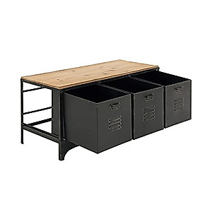 Deco 79 Metal Low Profile File Cabinet 3 Drawers Storage Bench with Brown Wood Top, 39" x 16" x 19", Black