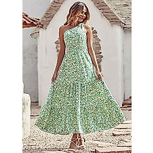 PRETTYGARDEN Women's Floral Maxi Dress 2023 Knot One Shoulder Sleeveless Ruffle Hem Flowy Boho Dresses(Green White,Large)