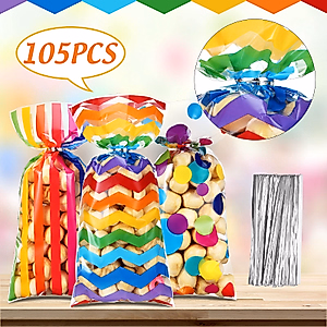 Rainbow Cellophane Treat Bags, Polka Dot Stripes Printed Pattern Goodie Candy Favor Bags with Twist Ties for Pride Day Kids School Lunches Baby Shower Birthday Party Supplies(105 Pieces)