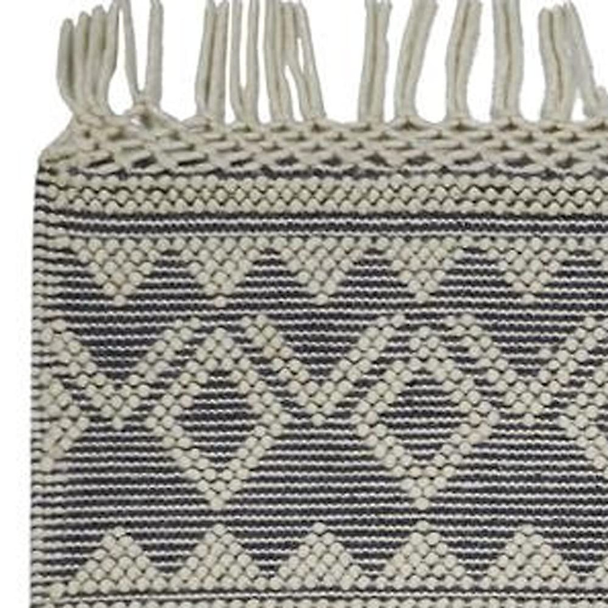 8' X 10' Gray and Ivory Wool Geometric Hand Woven Area Rug with Fringe