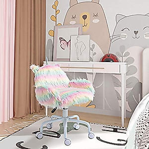 HOMCOM Fluffy Unicorn Office Chair with Mid-Back and Armrest Support, 5 Star Swivel Wheel White Base, Rainbow