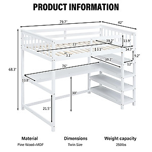 Merax Wood Loft Bed with Desk : Twin Size Loft Bed with 4-Storage Shelves and Under-Bed Desk Solid Wood Bed, White