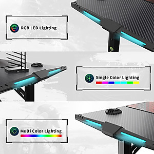 DESIGNA 55 Inch Gaming Desk with Led Lights, RGB Large Gaming Computer Desk with Free Mouse Pad,PC Gaming Table Gamer Desk Workstation with USB Handle Rack, Cup Holder,Headphone Hook, Black