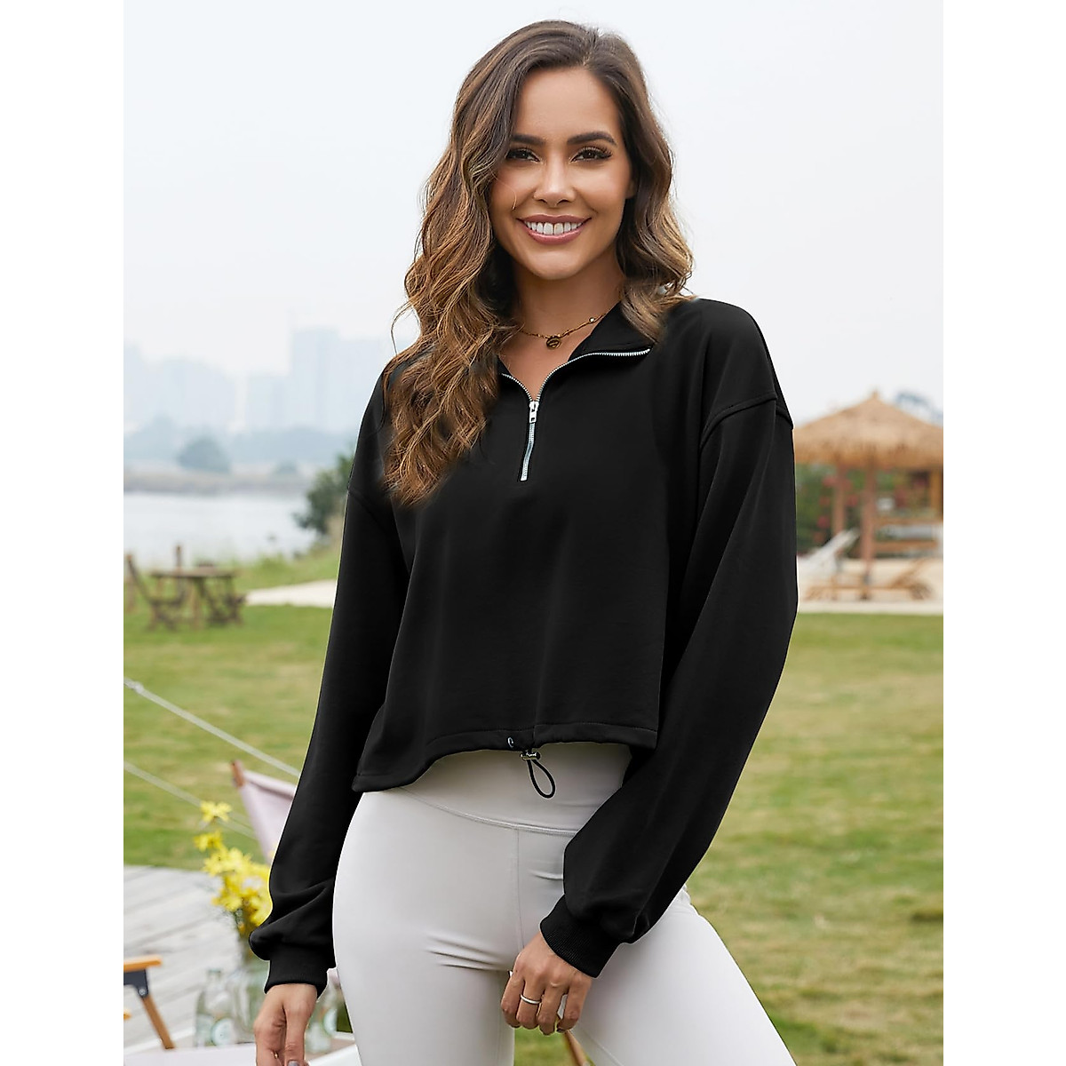 Flygo Womens Half Zip Sweatshirts Stand Collar Activewear Running Workout Pullover Tops(Black-S)