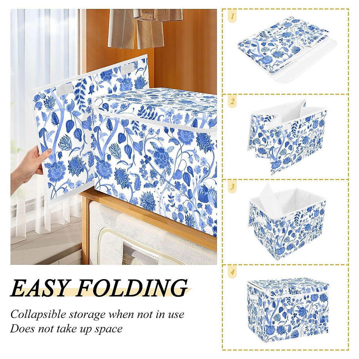 Doterii Blue Chinoiserie Blooming Flowers Storage Bin with Lid Fabric Foldable Cube Baskets Closet Toy Organizer