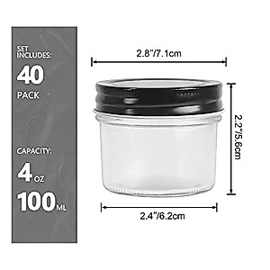 EkkoVla 40 Pack 4 oz Glass Jars with Black Lids, Regular Mouth Mini Mason Jar, Canning Jars for Baby Food, Honey, Jam, Jelly, Wedding Favor, Shower Favor, Body Butters, Spice