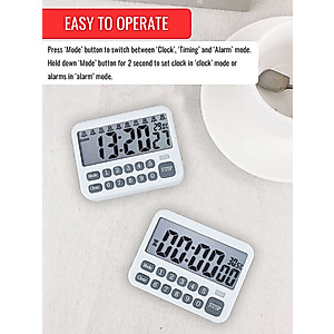 Multi-Functional Digital Alarm Clock with 10 Alarm Settings, Countdown & Count up Kitchen Timer with Magnetic, Temperature Display, Reminder, 2 AAA Batteries Operated (Not Included)