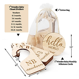 HOUÍSM Baby Closet Dividers Nursery Clothes Organizer, Baby Wooden Bundles with Birth Sign 5.9" and Keepsake Bag for Newborn to 24 Months, Timeless Engraved Design for Baby Girl Boy Room Decor
